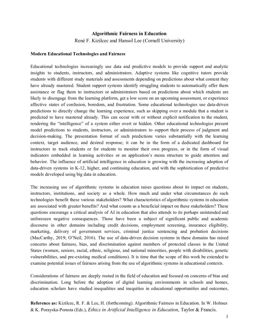 Algorithmic Fairness in Education | DeepAI