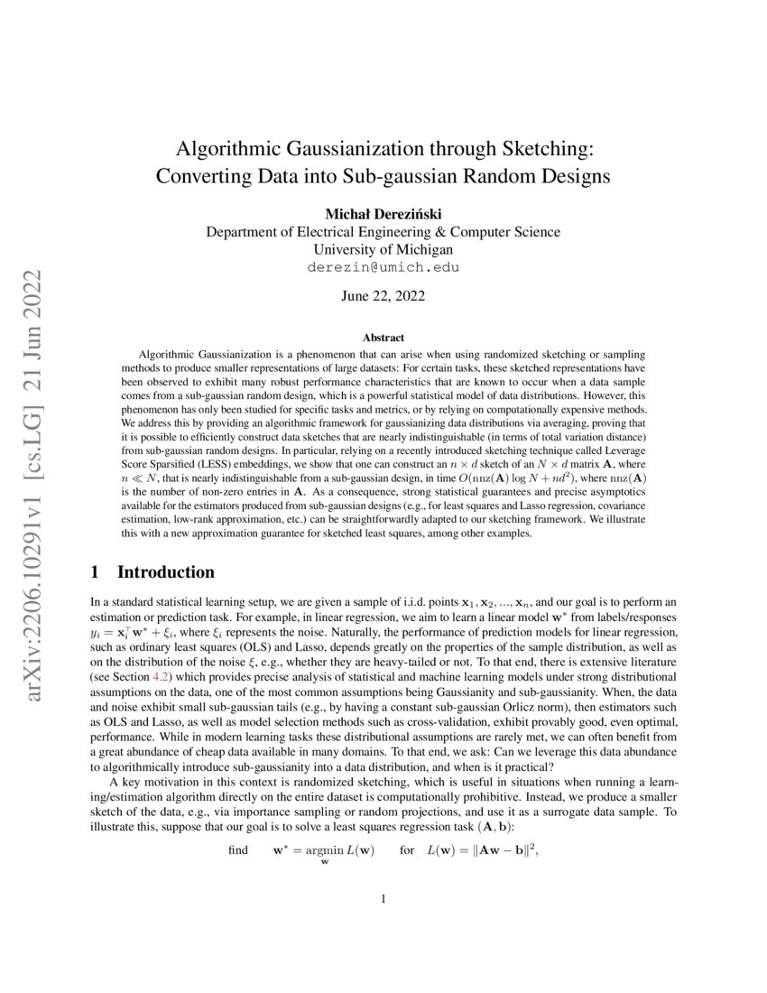 Algorithmic Gaussianization through Sketching: Converting Data into Sub-gaussian Random Designs ...