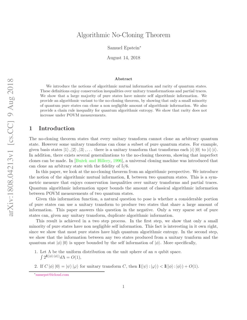 Algorithmic No-Cloning Theorem | DeepAI