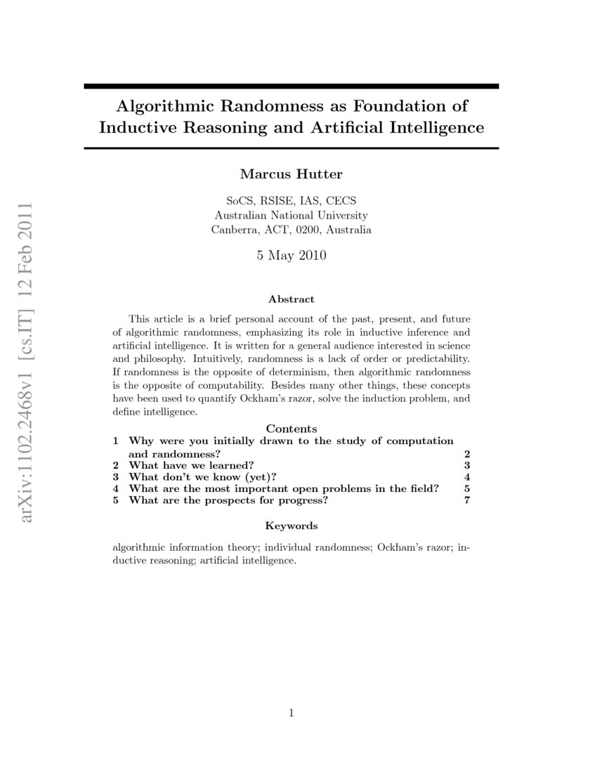 Algorithmic Randomness As Foundation Of Inductive Reasoning And Artificial Intelligence Deepai