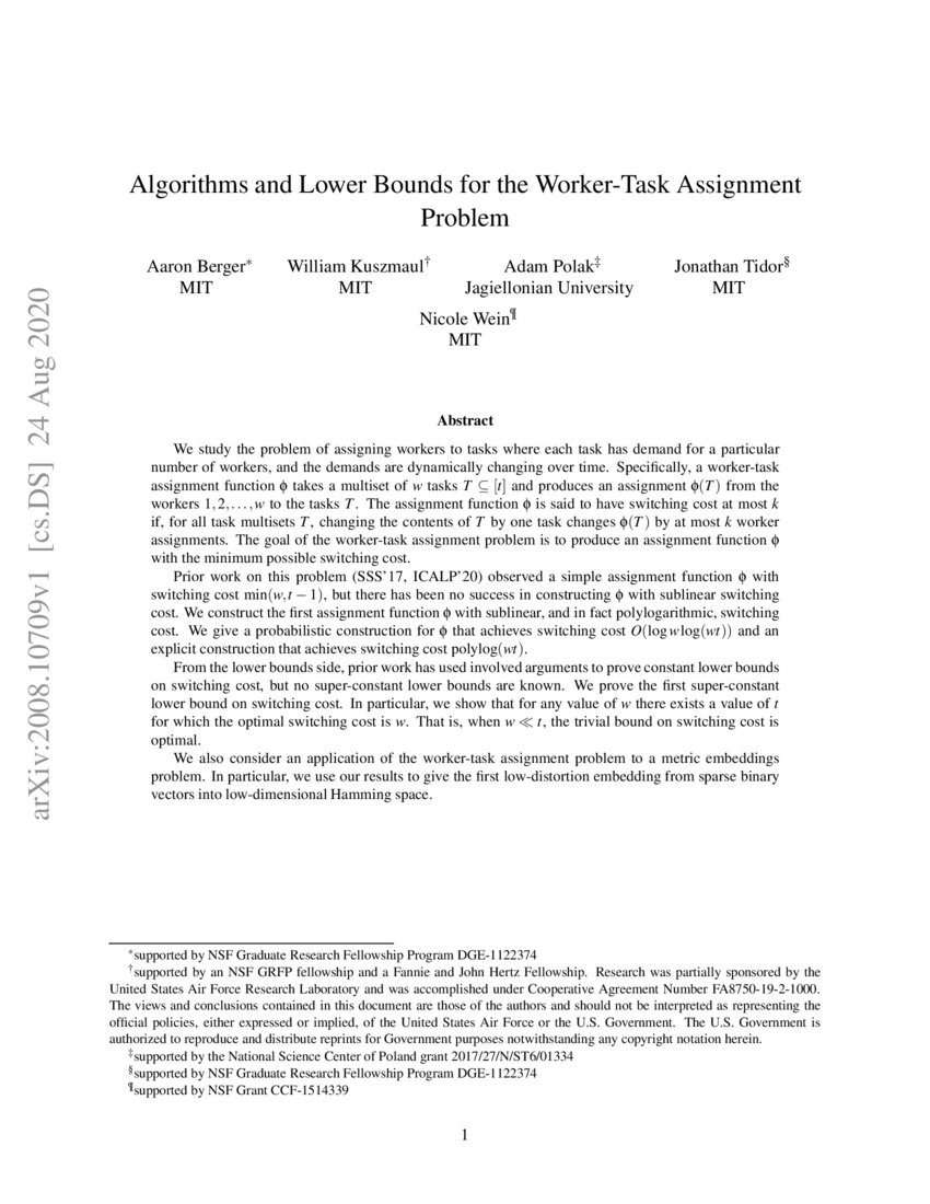 Algorithms And Lower Bounds For The Worker Task Assignment Problem Deepai