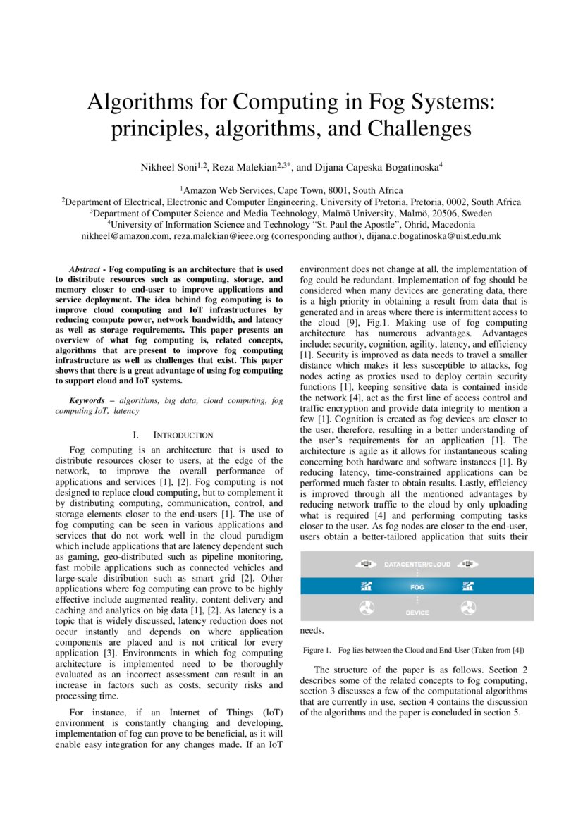 Algorithms For Computing In Fog Systems Principles Algorithms And Challenges Deepai
