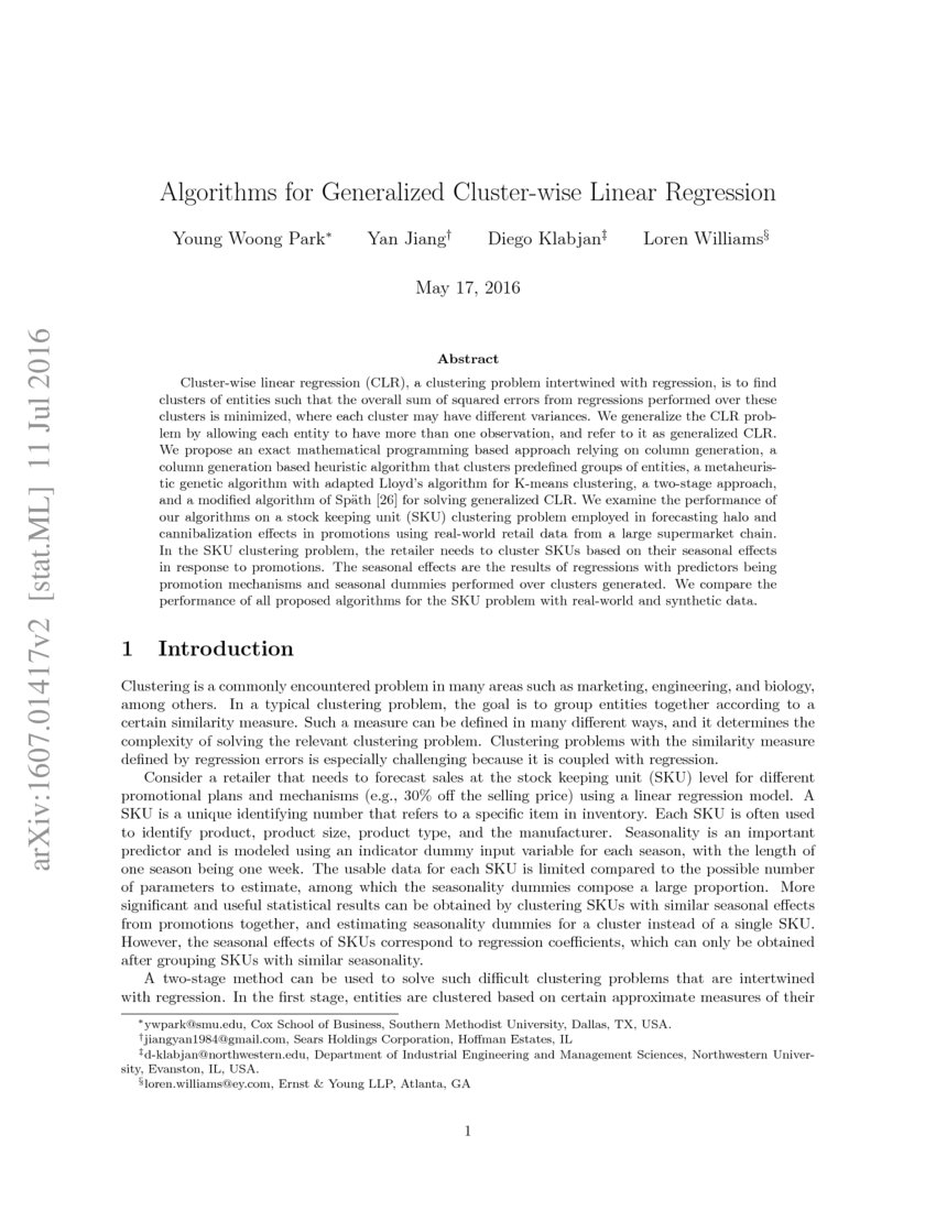 Algorithms For Generalized Cluster Wise Linear Regression Deepai