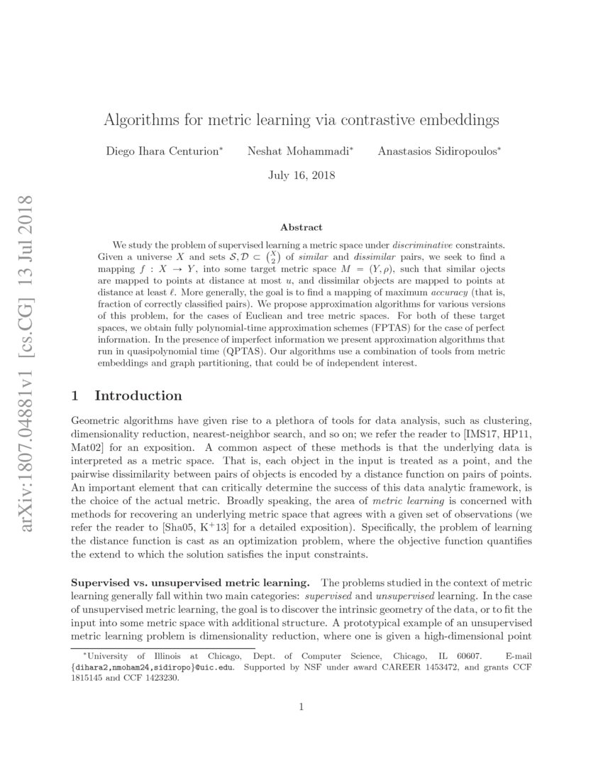 Algorithms For Metric Learning Via Contrastive Embeddings Deepai