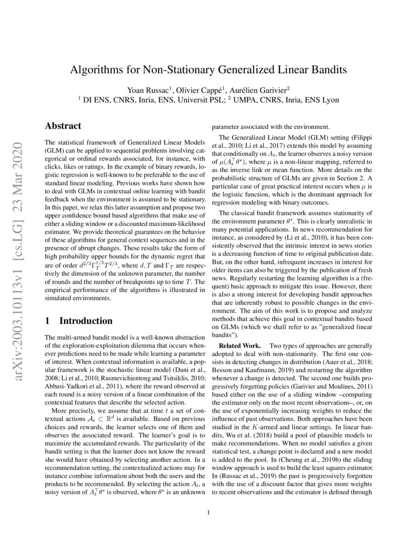 Algorithms for Non-Stationary Generalized Linear Bandits | DeepAI