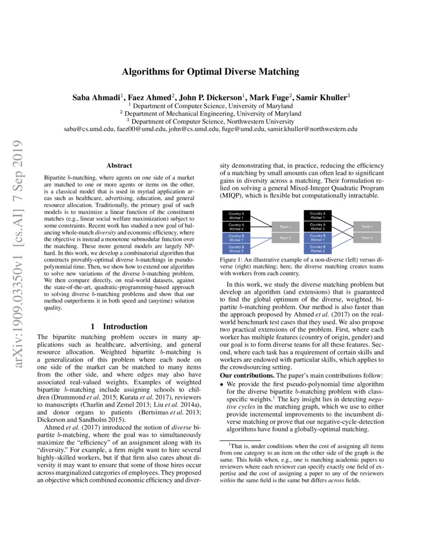 Algorithms for Optimal Diverse Matching | DeepAI