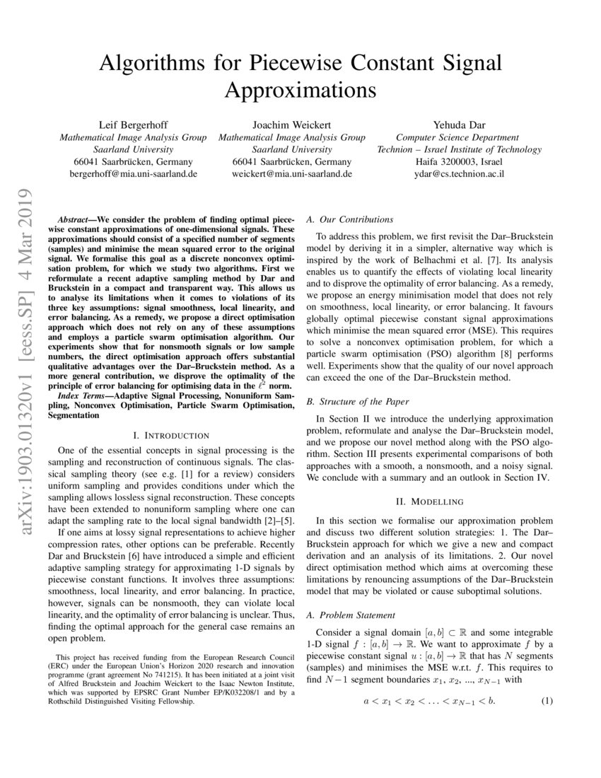 Algorithms for Piecewise Constant Signal Approximations | DeepAI