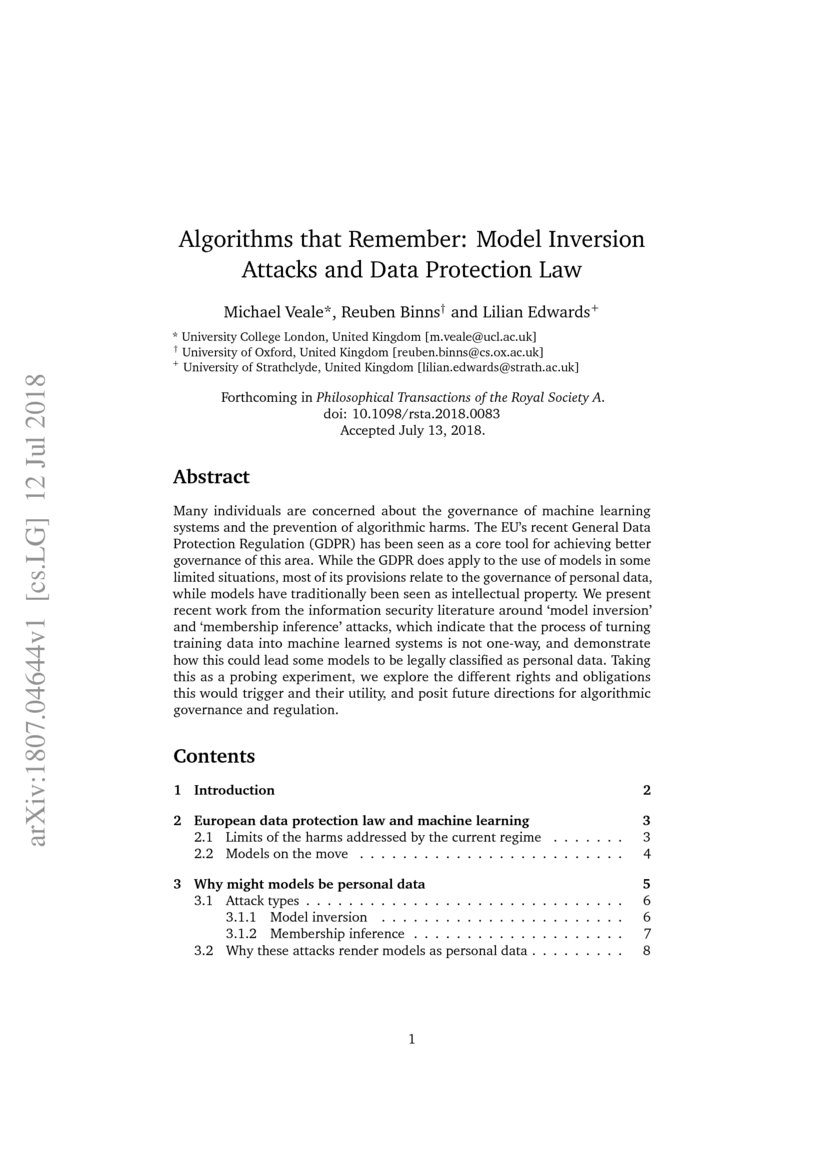 Algorithms that Remember: Model Inversion Attacks and Data Protection ...
