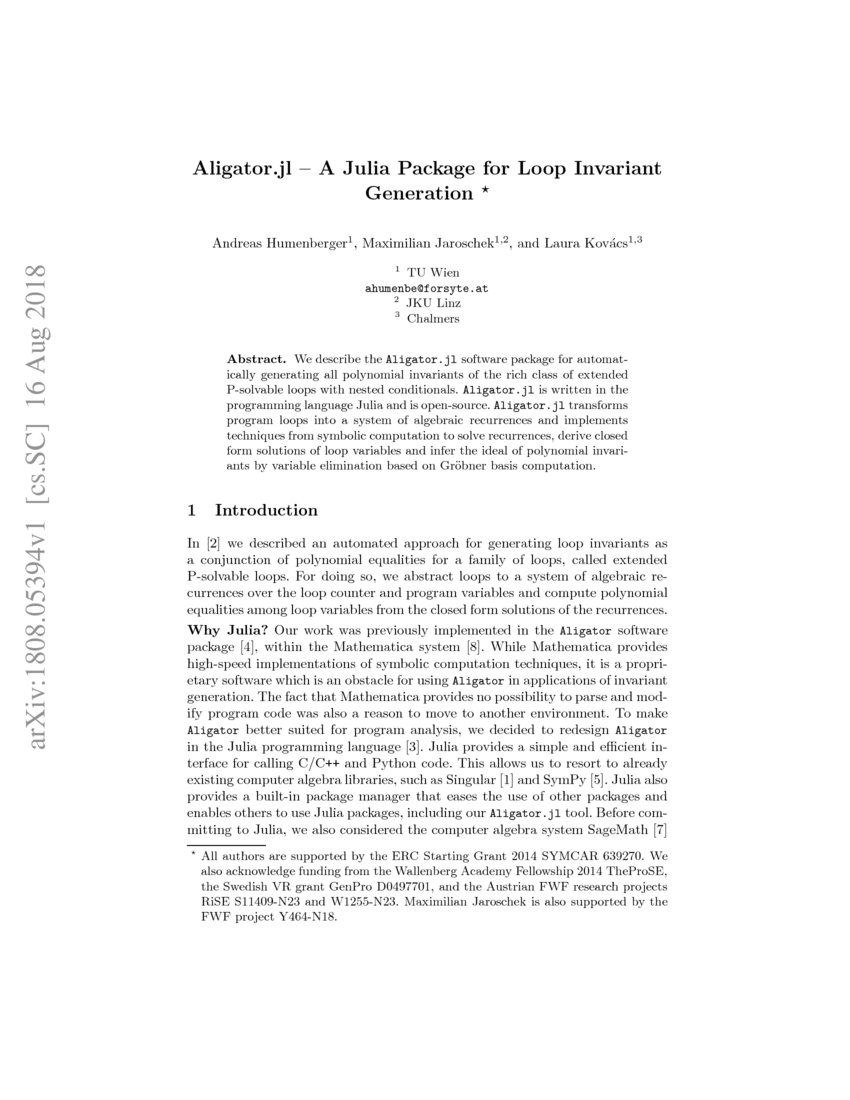 Aligator.jl - A Julia Package for Loop Invariant Generation | DeepAI