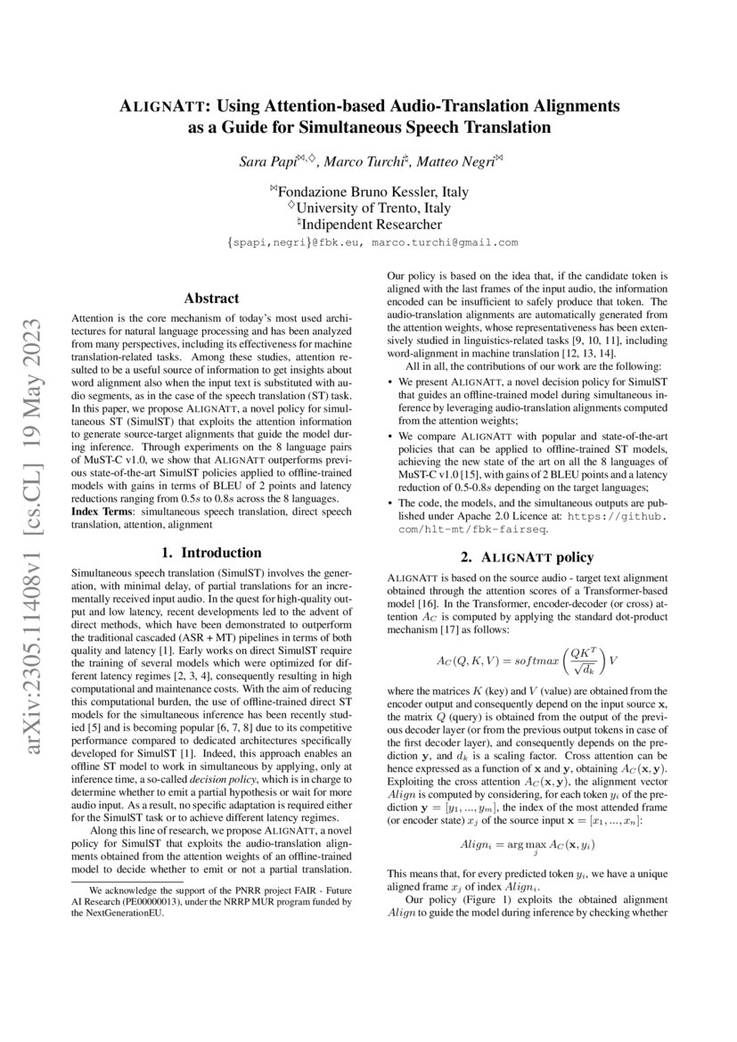 AlignAtt: Using Attention-based Audio-Translation Alignments as a Guide for Simultaneous Speech ...