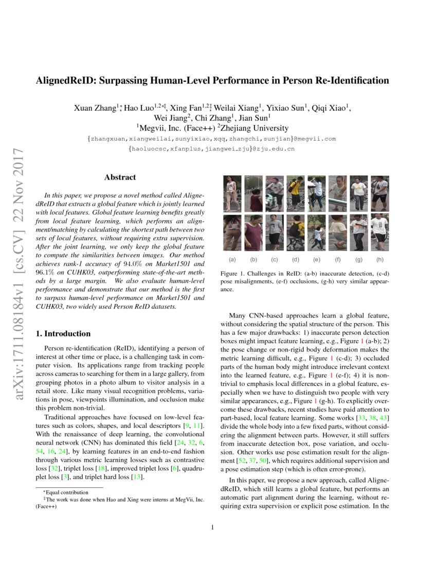 AlignedReID: Surpassing Human-Level Performance in Person Re-Identification | DeepAI
