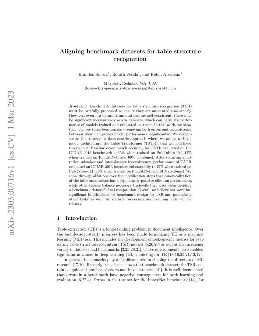 Aligning benchmark datasets for table structure recognition | DeepAI Aligning benchmark datasets for table structure recognition | DeepAI
