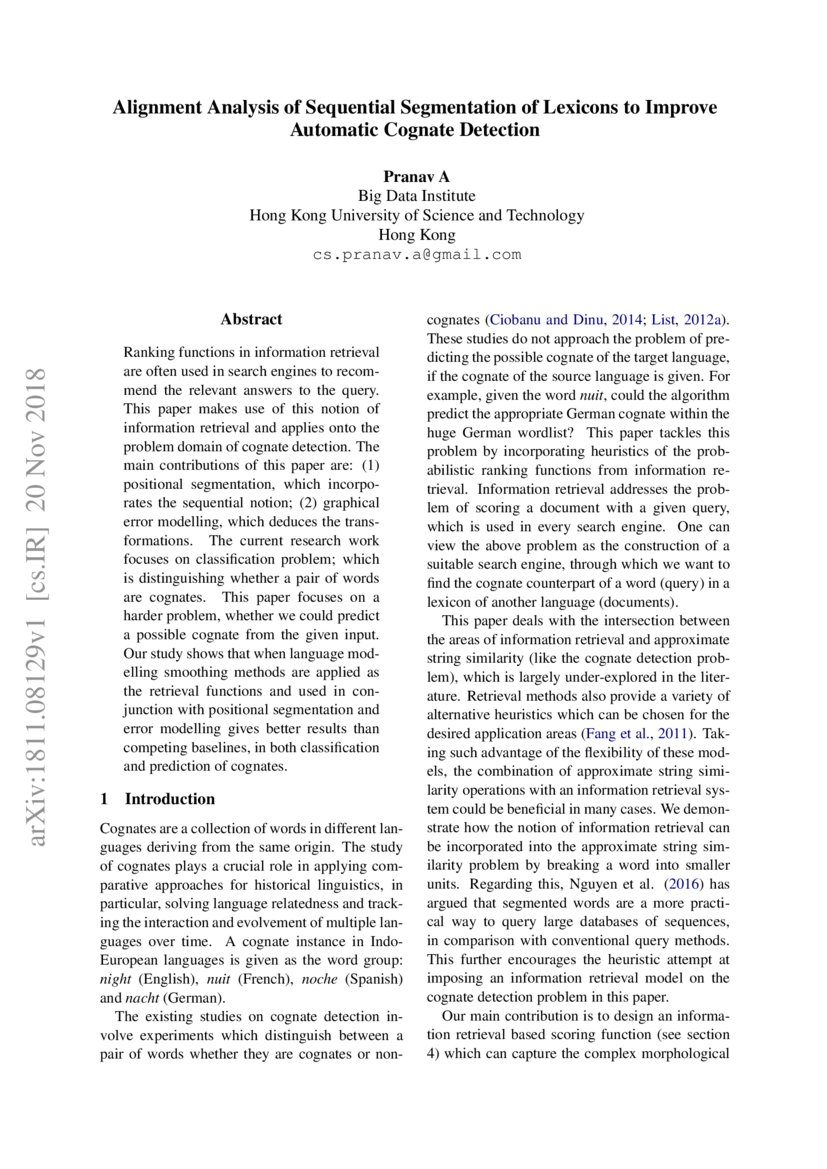 Alignment Analysis Of Sequential Segmentation Of Lexicons To Improve Automatic Cognate Detection 7637