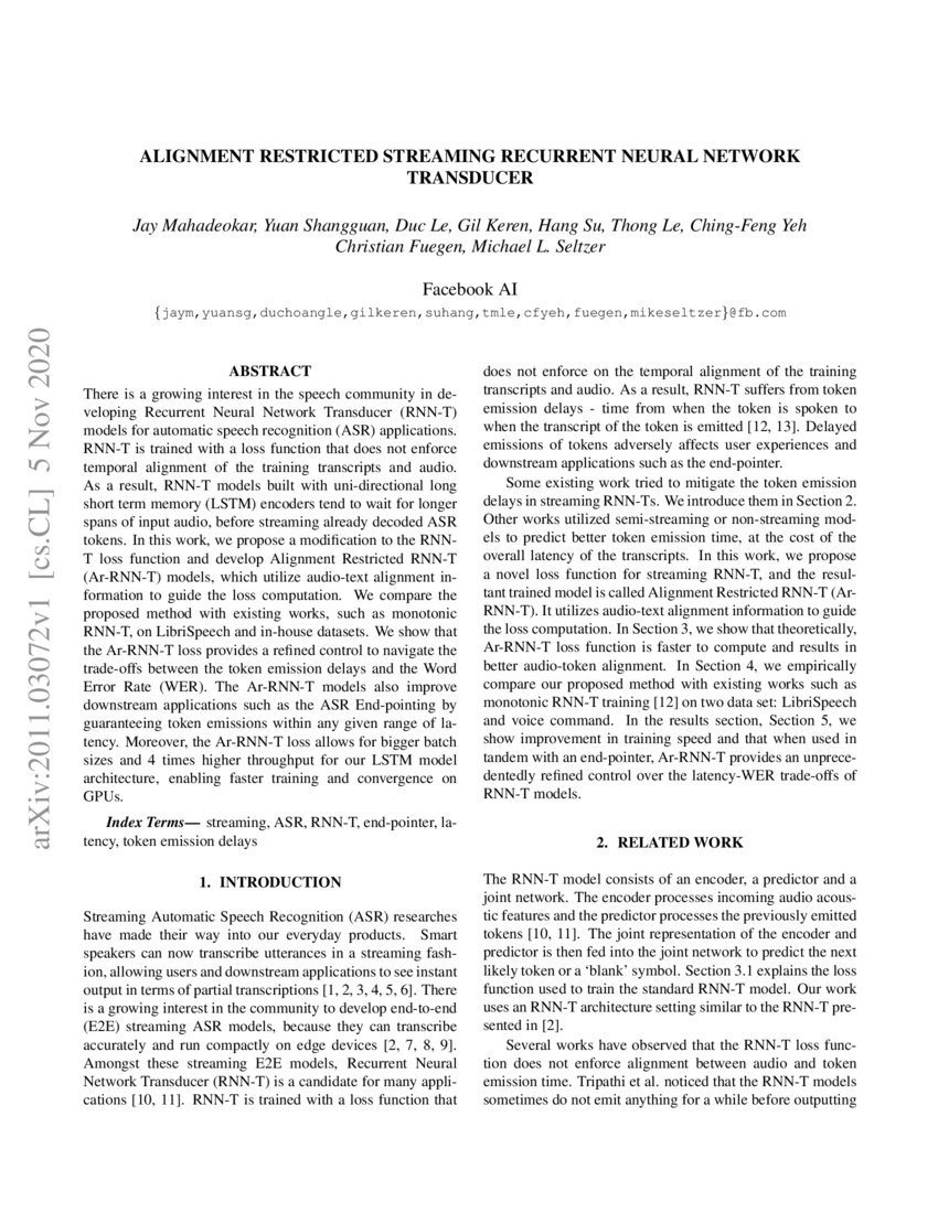 Alignment Restricted Streaming Recurrent Neural Network Transducer | DeepAI