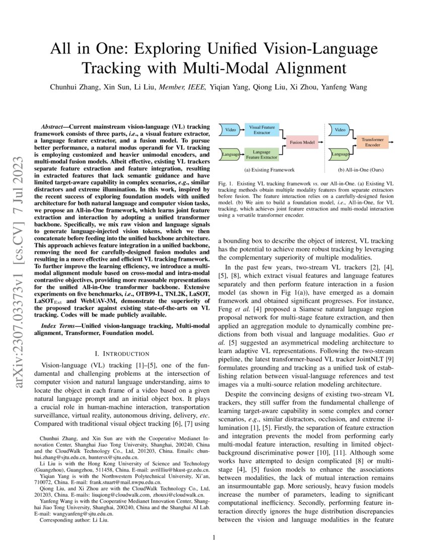All In One Exploring Unified Vision Language Tracking With Multi Modal Alignment Deepai