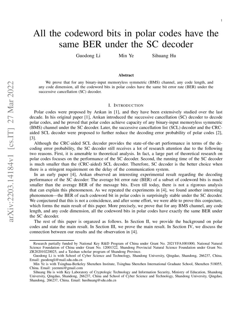 All The Codeword Bits In Polar Codes Have The Same Ber Under The Sc Decoder Deepai