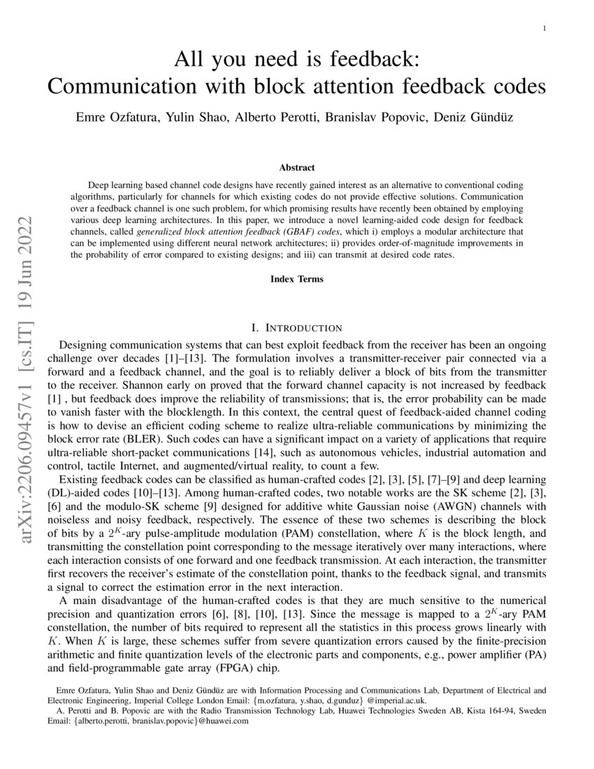 All you need is feedback: Communication with block attention feedback ...