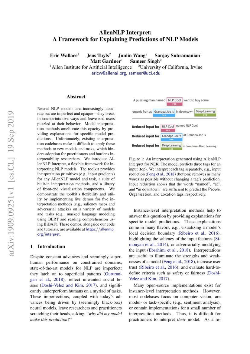 Allennlp Interpret A Framework For Explaining Predictions Of Nlp Models Deepai