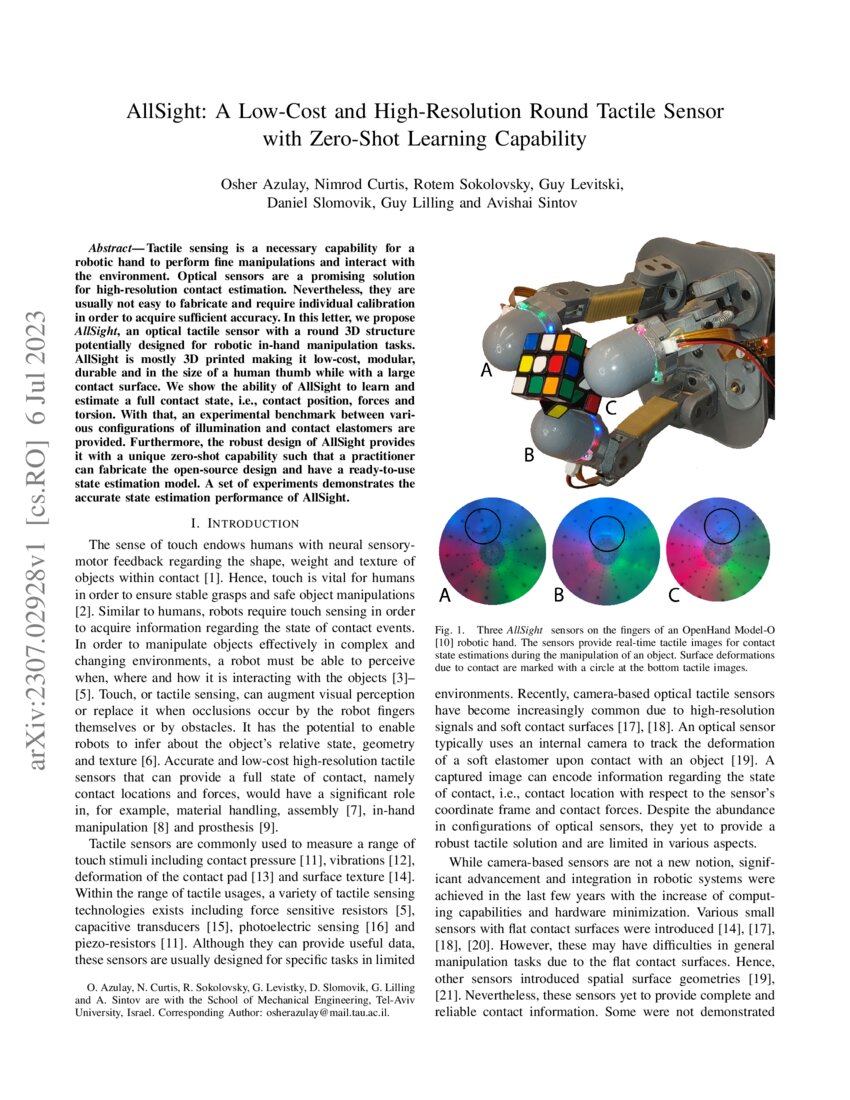 AllSight: A Low-Cost and High-Resolution Round Tactile Sensor with Zero-Shot Learning Capability ...