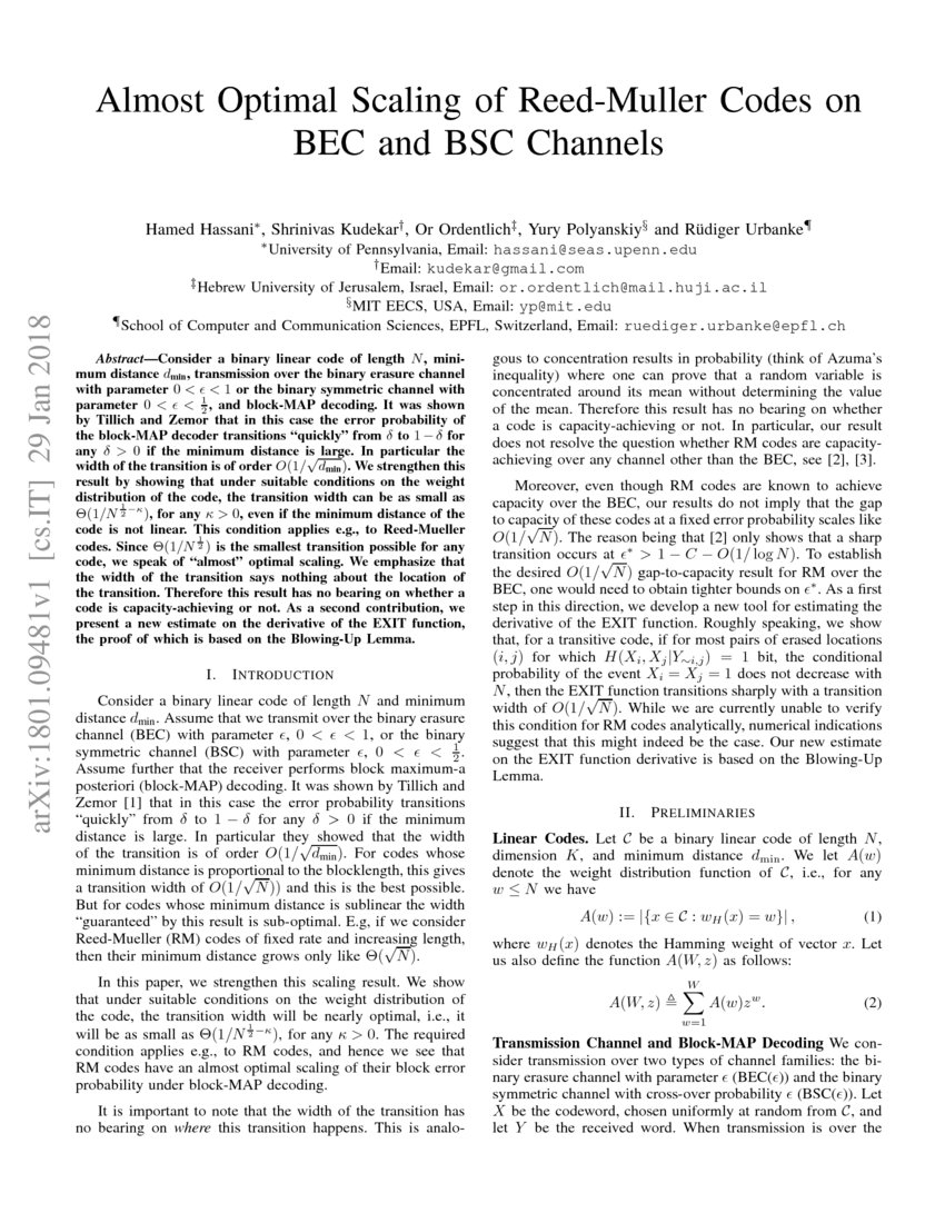 Almost Optimal Scaling of Reed-Muller Codes on BEC and BSC Channels ...