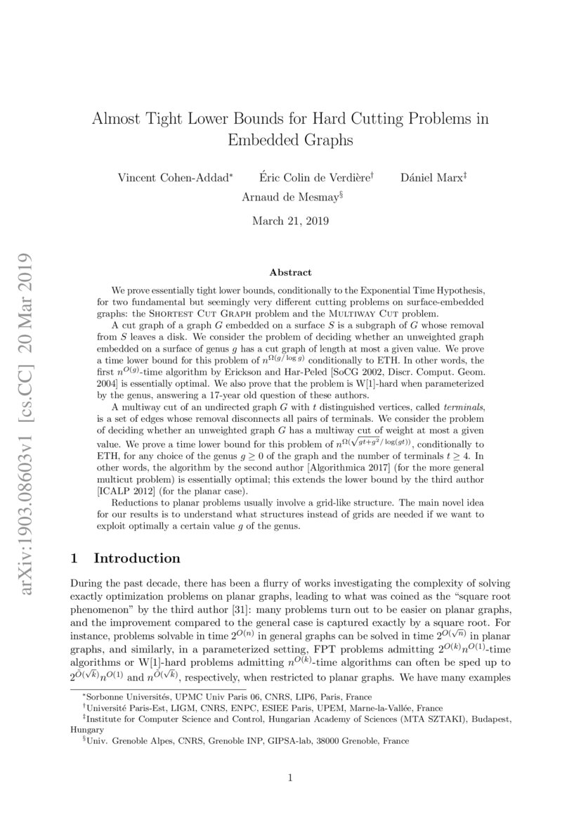 Almost Tight Lower Bounds for Hard Cutting Problems in Embedded Graphs | DeepAI