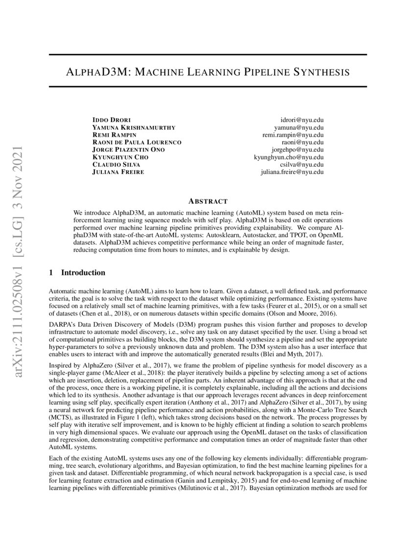 AlphaD3M: Machine Learning Pipeline Synthesis | DeepAI
