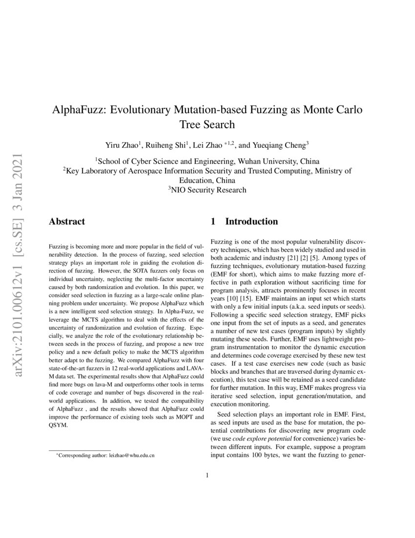 AlphaFuzz: Evolutionary Mutation-based Fuzzing as Monte Carlo Tree Search | DeepAI