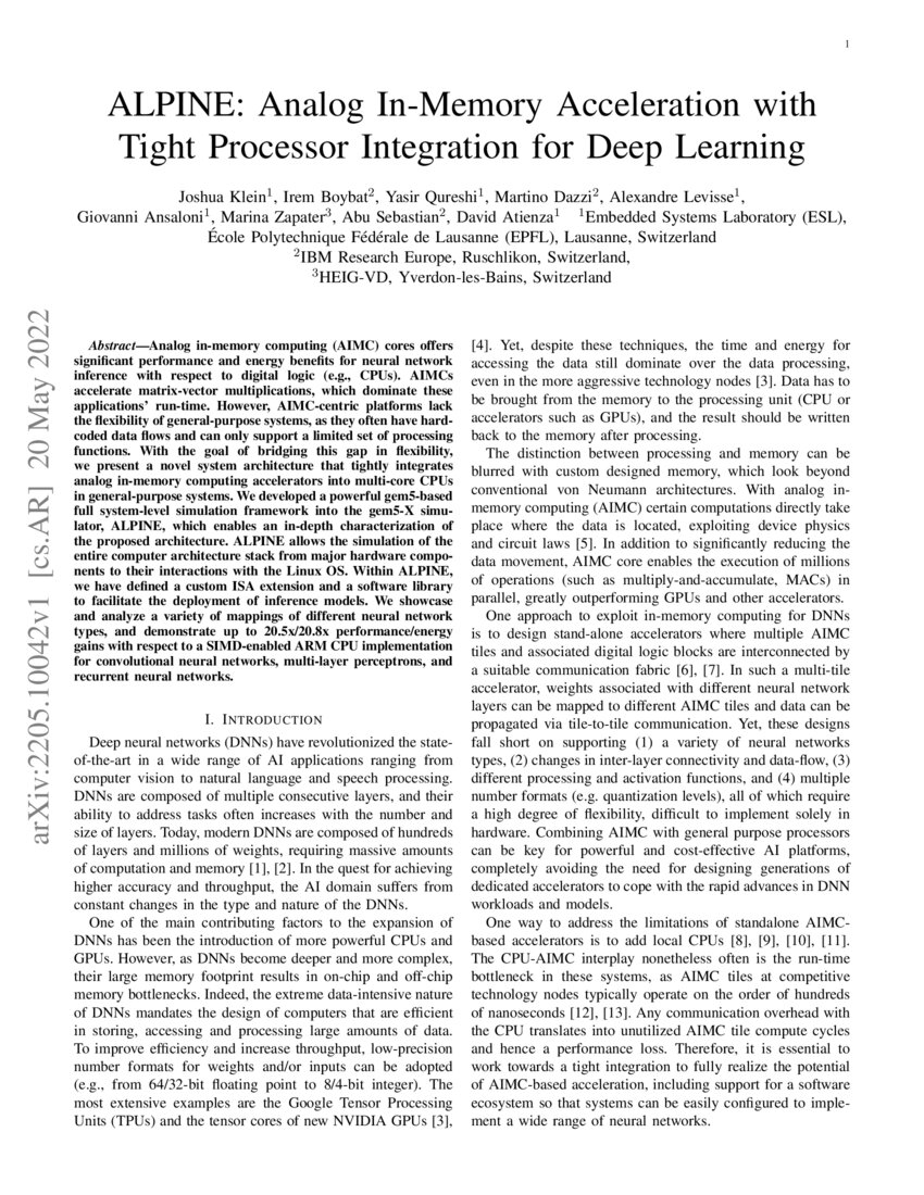 ALPINE: Analog In-Memory Acceleration with Tight Processor Integration for Deep Learning | DeepAI