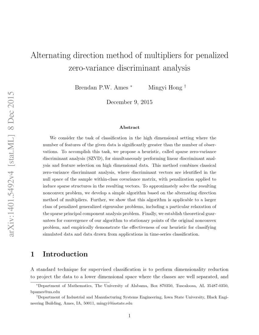 Alternating Direction Method Of Multipliers For Penalized Zero Variance Discriminant Analysis