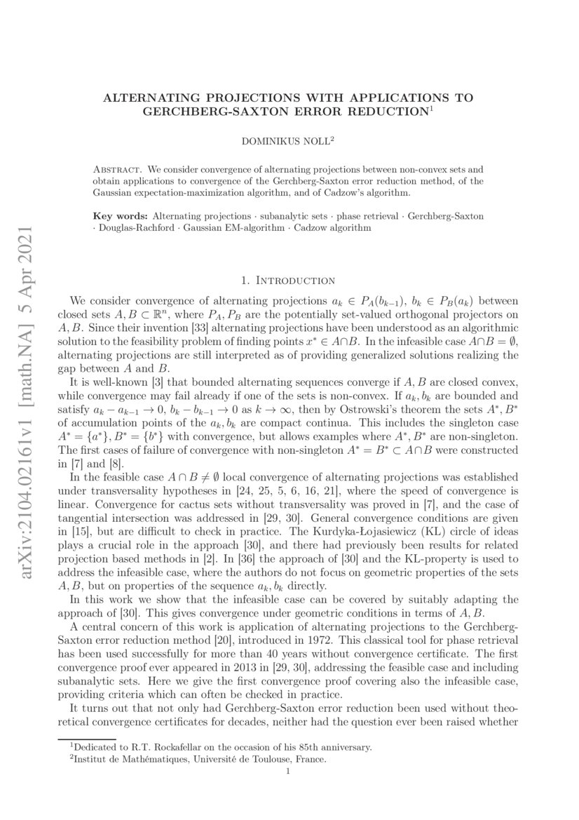 Alternating projections with applications to Gerchberg-Saxton error reduction | DeepAI