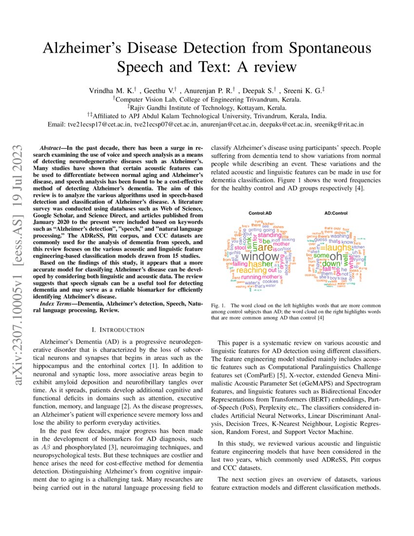 Alzheimers Disease Detection From Spontaneous Speech And Text A Review Deepai