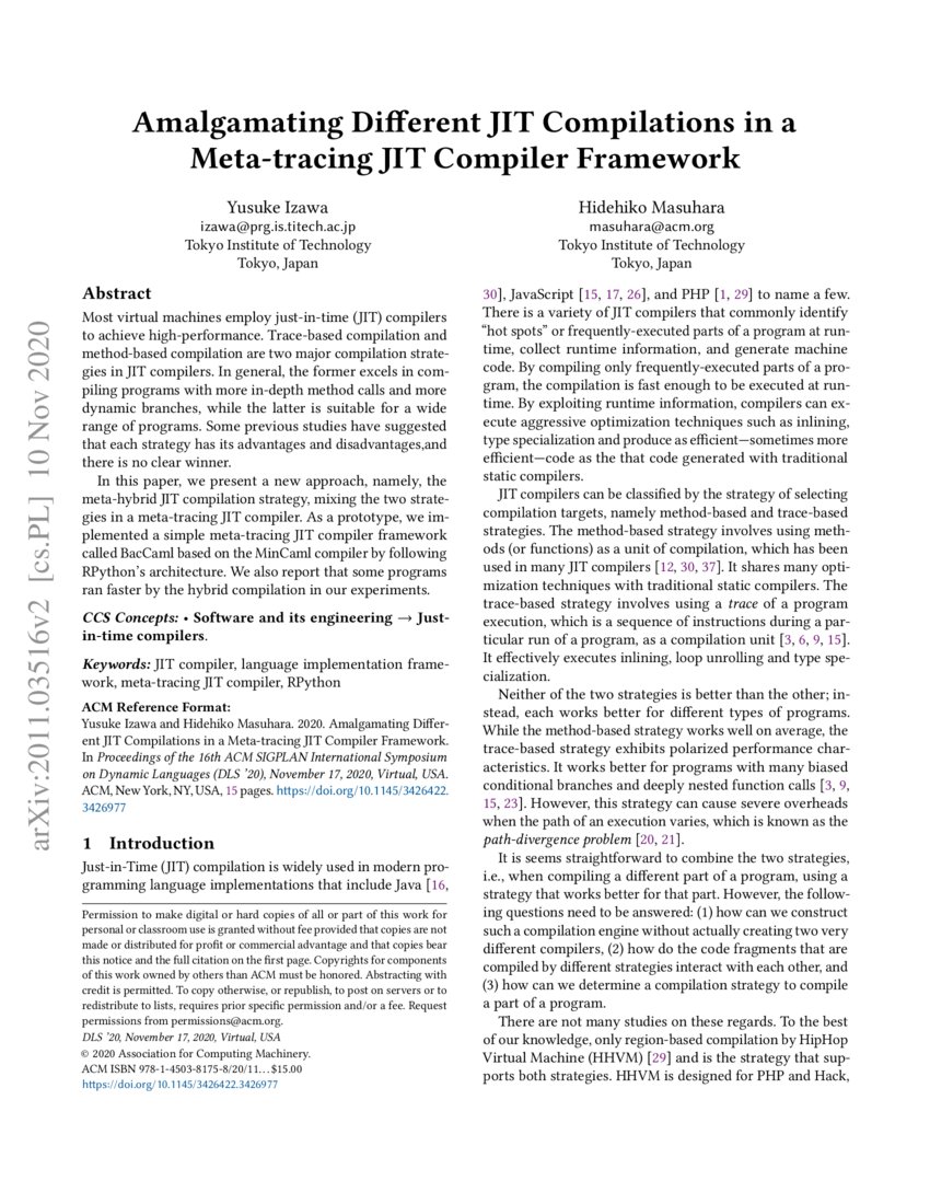 Amalgamating Different JIT Compilations in a Meta-tracing JIT Compiler Framework | DeepAI