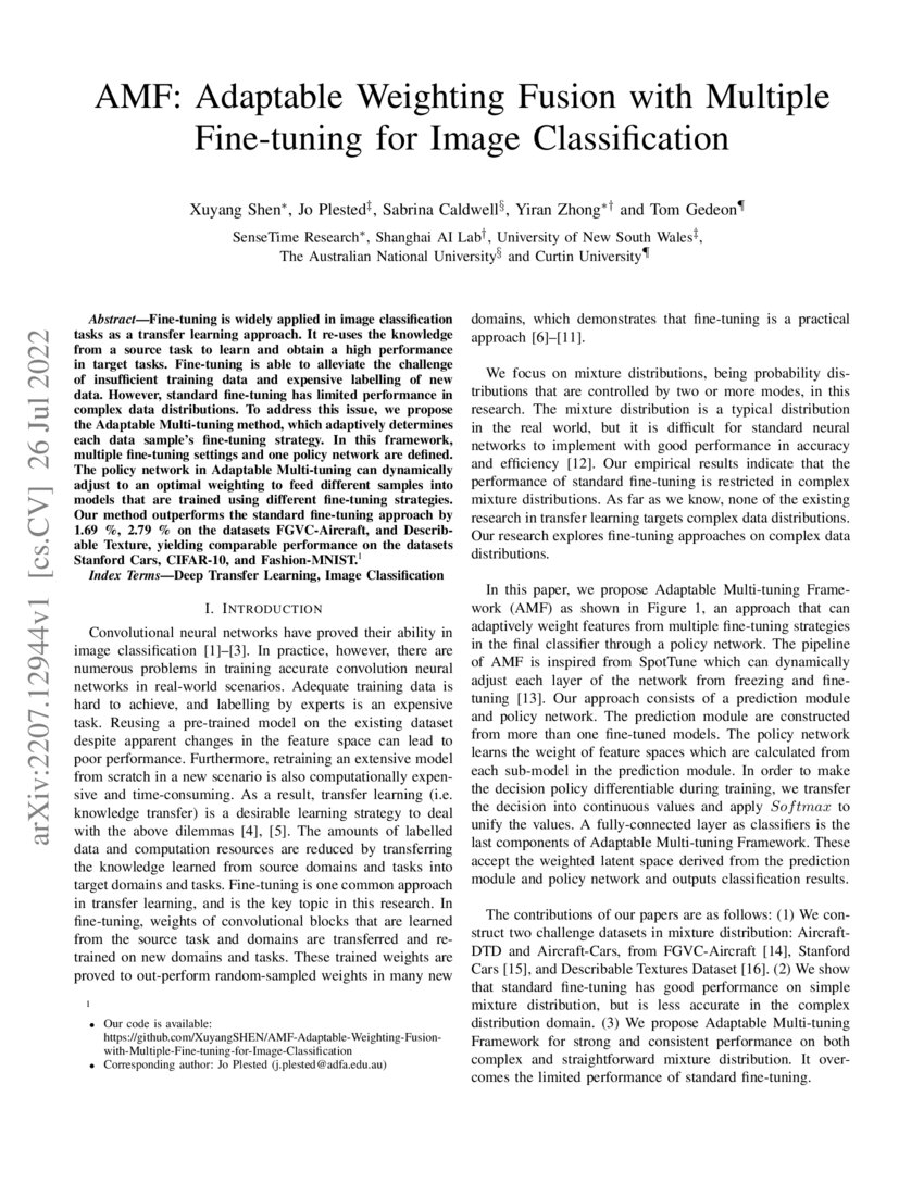 AMF: Adaptable Weighting Fusion with Multiple Fine-tuning for Image Classification | DeepAI