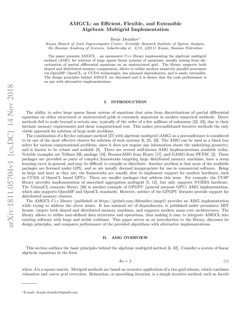 Amgcl An Efficient Flexible And Extensible Algebraic Multigrid Implementation Deepai