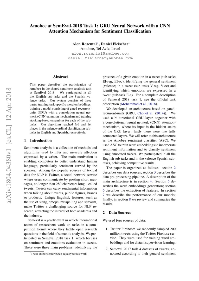 Amobee at SemEval-2018 Task 1: GRU Neural Network with a CNN Attention Mechanism for Sentiment ...