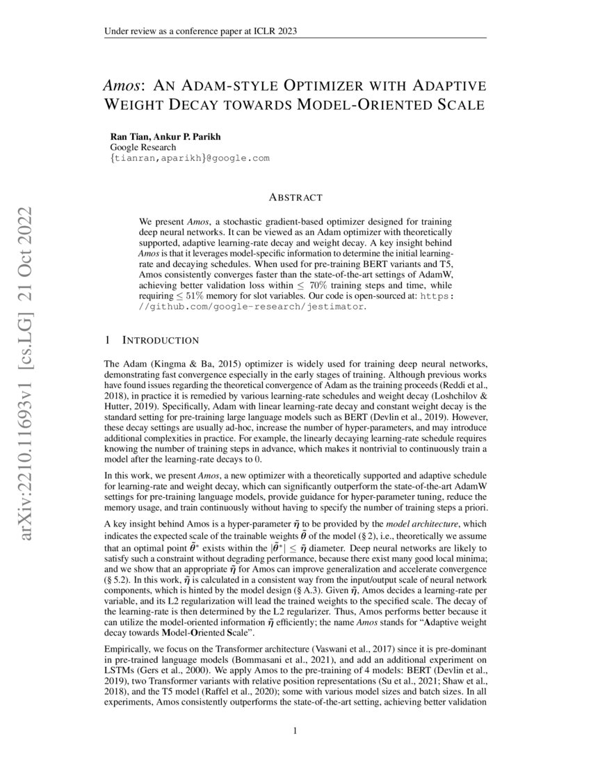 Amos: An Adam-style Optimizer with Adaptive Weight Decay towards Model ...