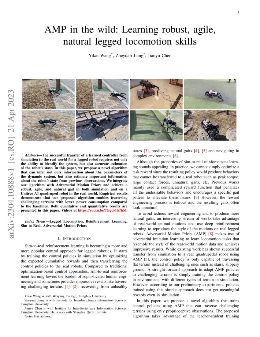 AMP in the wild: Learning robust, agile, natural legged locomotion skills | DeepAI
