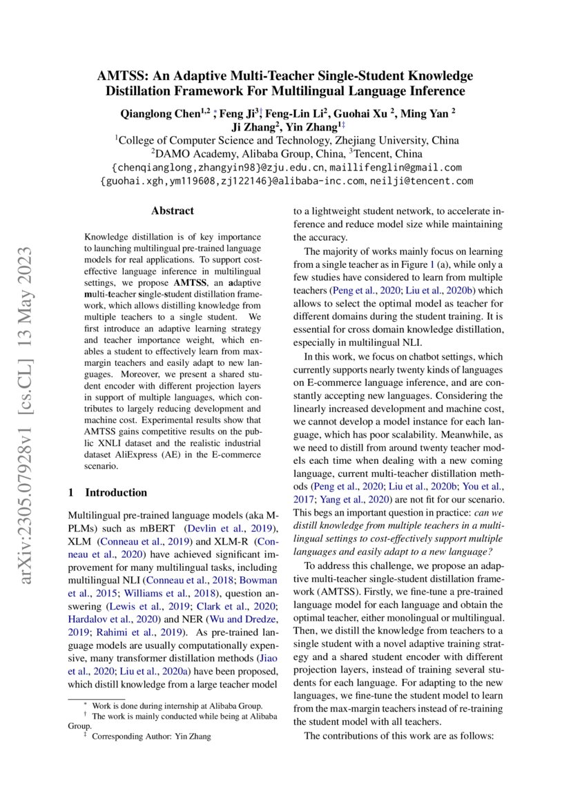 AMTSS: An Adaptive Multi-Teacher Single-Student Knowledge Distillation Framework For ...