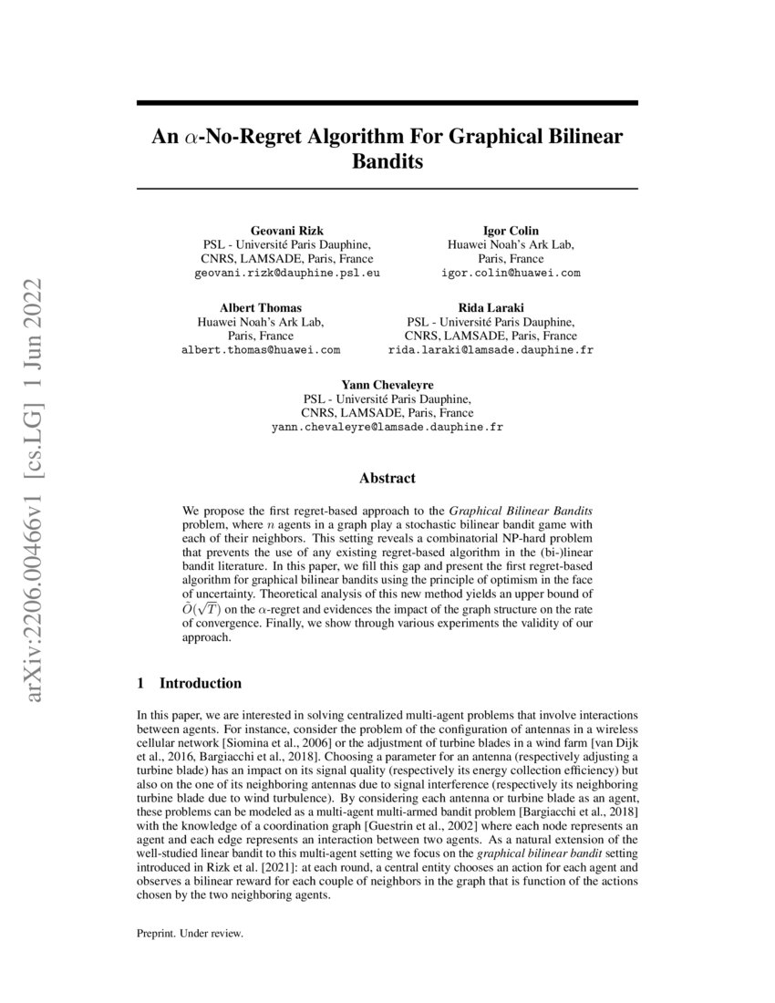 An α-No-Regret Algorithm For Graphical Bilinear Bandits | DeepAI