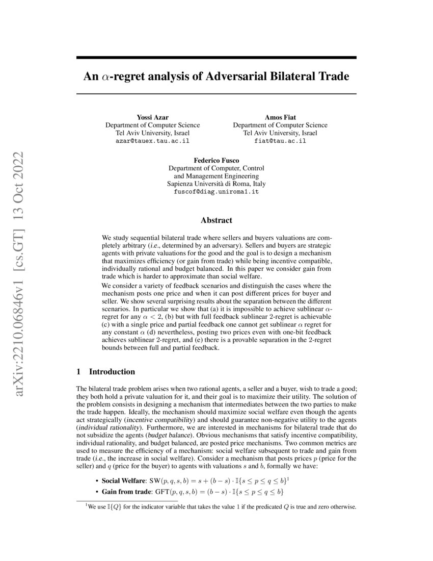 An α Regret Analysis Of Adversarial Bilateral Trade Deepai