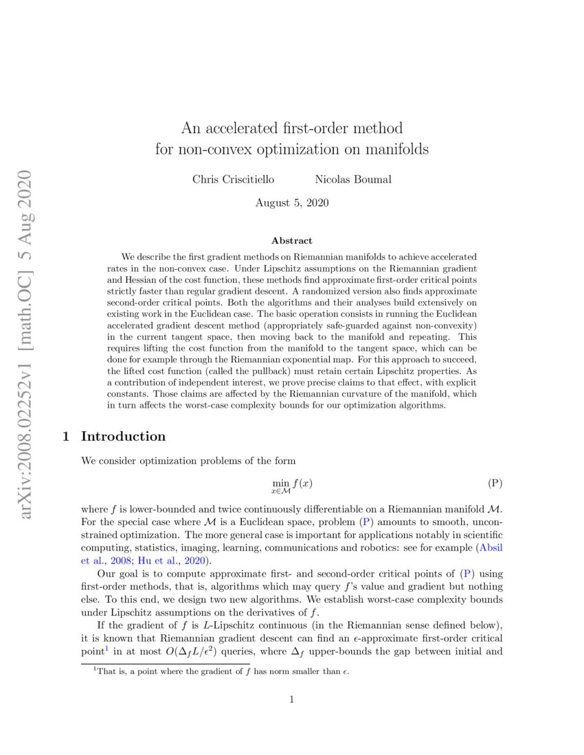 An Accelerated First Order Method For Non Convex Optimization On Manifolds Deepai