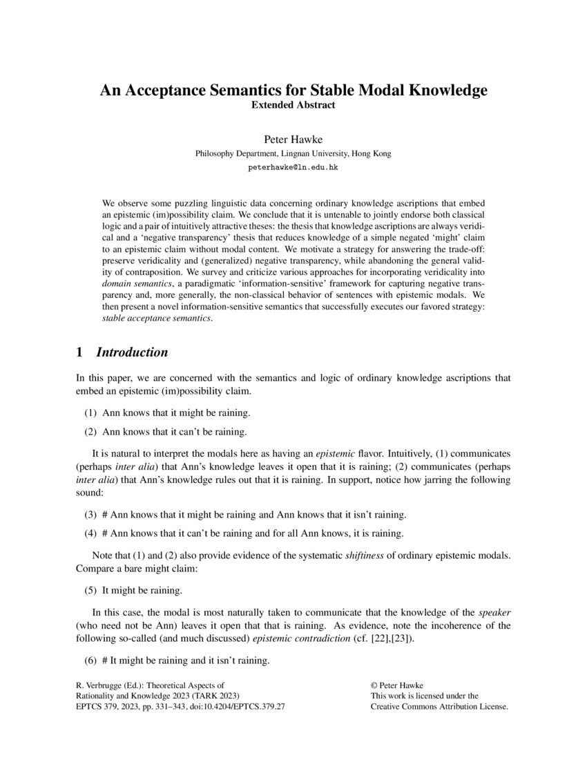 An Acceptance Semantics for Stable Modal Knowledge | DeepAI