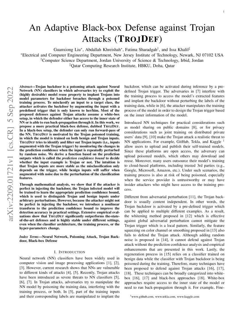 An Adaptive Black-box Defense against Trojan Attacks (TrojDef) | DeepAI