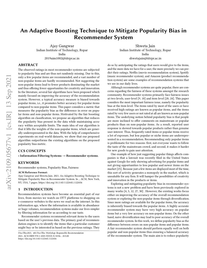 An Adaptive Boosting Technique to Mitigate Popularity Bias in Recommender System | DeepAI