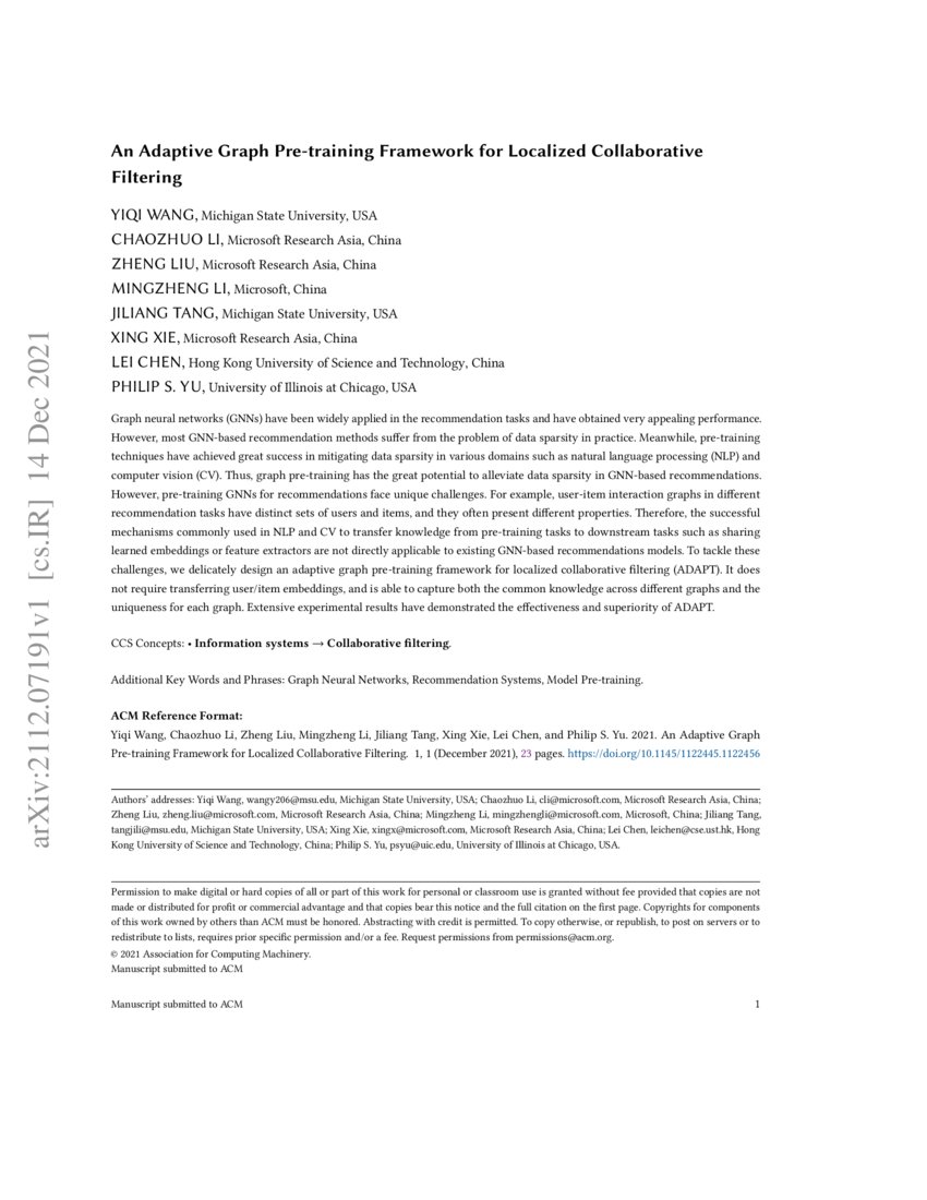 An Adaptive Graph Pre Training Framework For Localized Collaborative Filtering Deepai