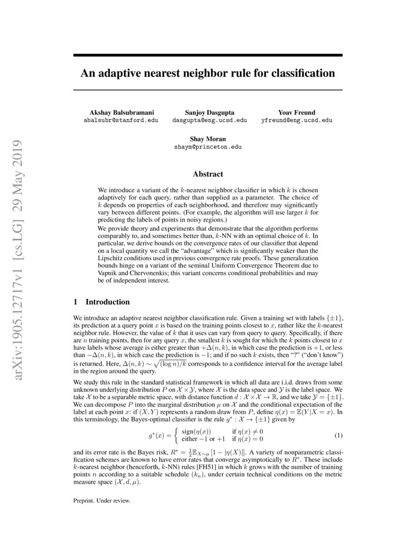 An adaptive nearest neighbor rule for classification | DeepAI