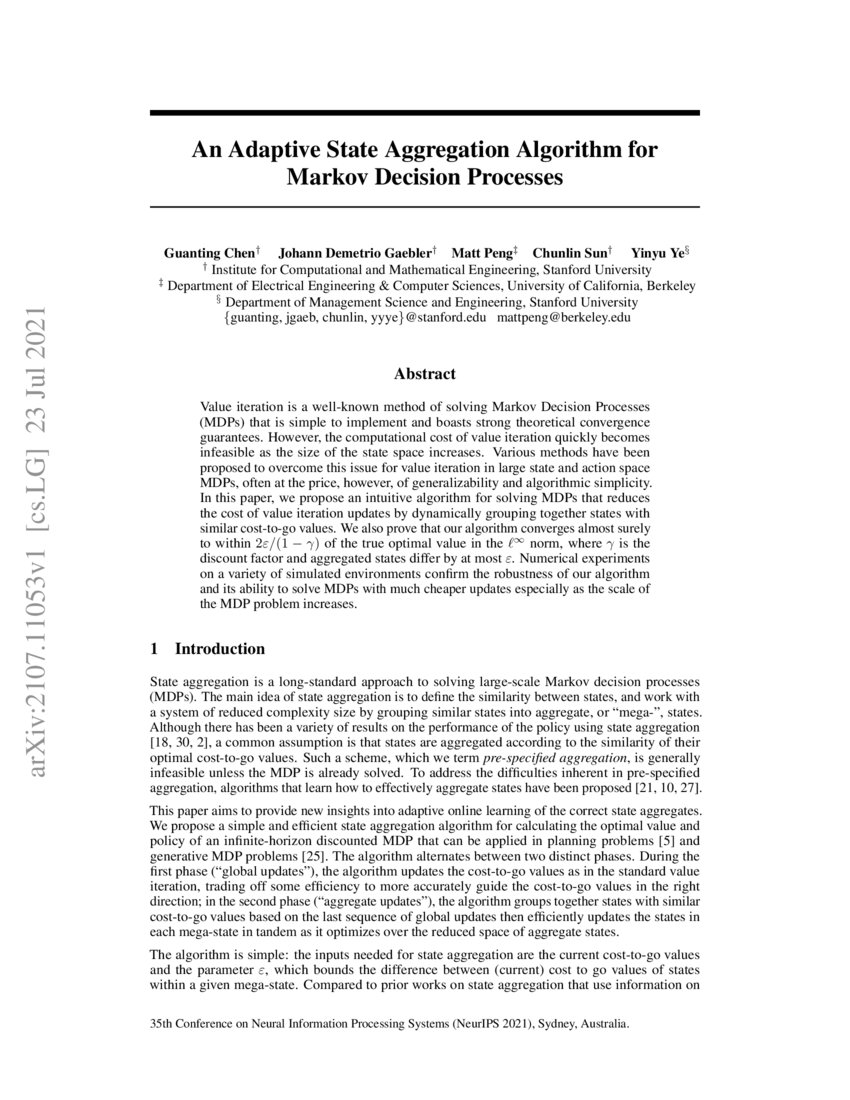 An Adaptive State Aggregation Algorithm For Markov Decision Processes Deepai 