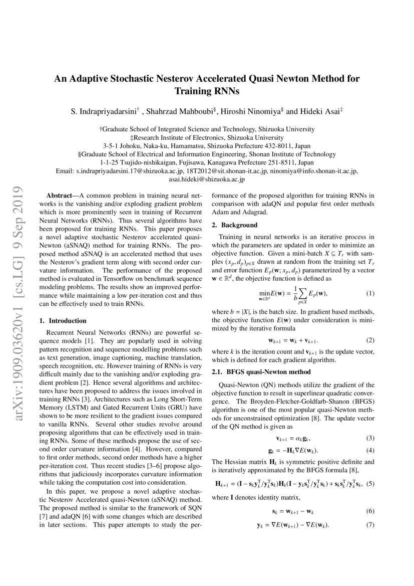 An Adaptive Stochastic Nesterov Accelerated Quasi Newton Method For Training Rnns Deepai