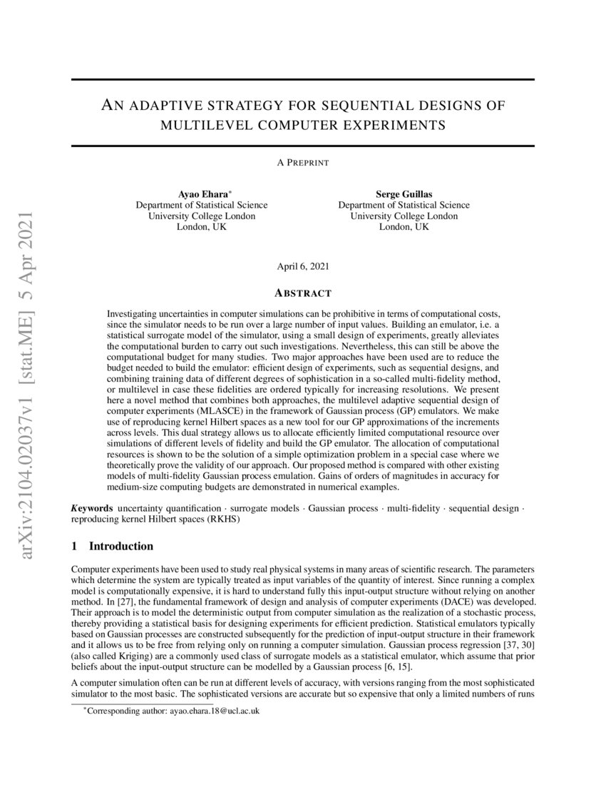 An adaptive strategy for sequential designs of multilevel computer experiments | DeepAI