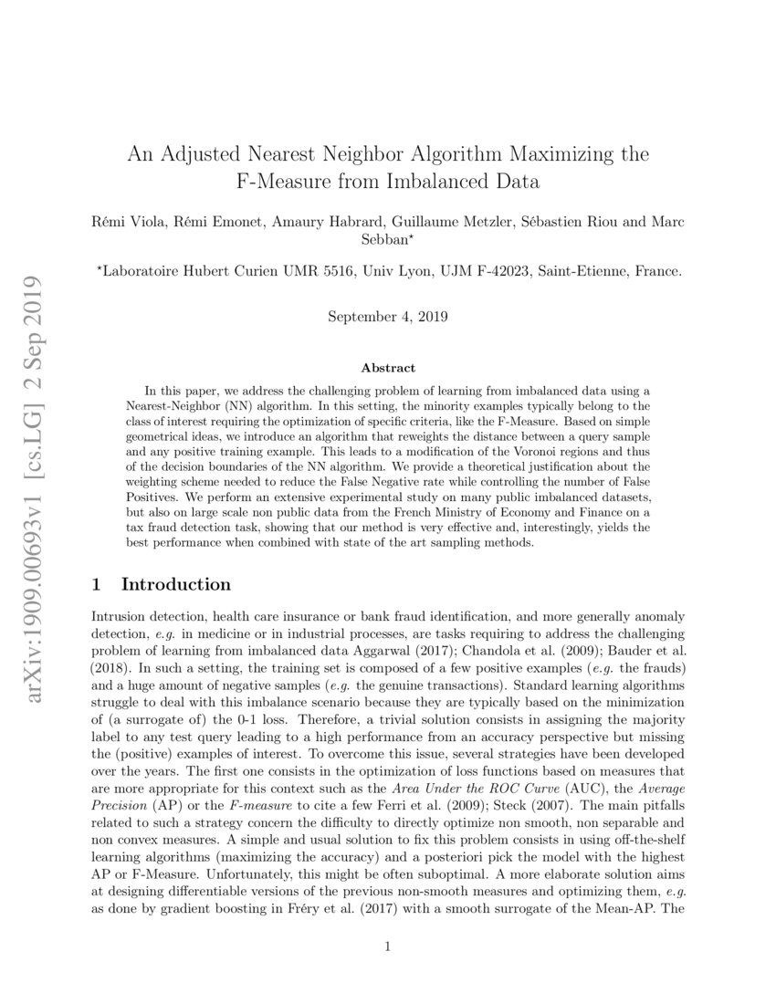 An Adjusted Nearest Neighbor Algorithm Maximizing The F Measure From Imbalanced Data Deepai 